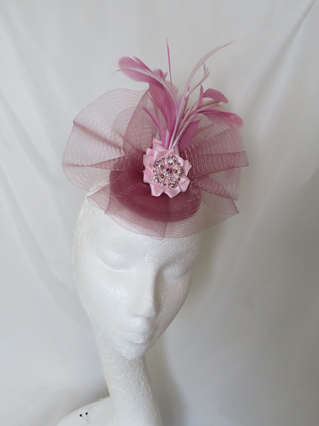 Pale Rose Pink and Plum Vintage Style Feather Plume Diamante Bespoke ...