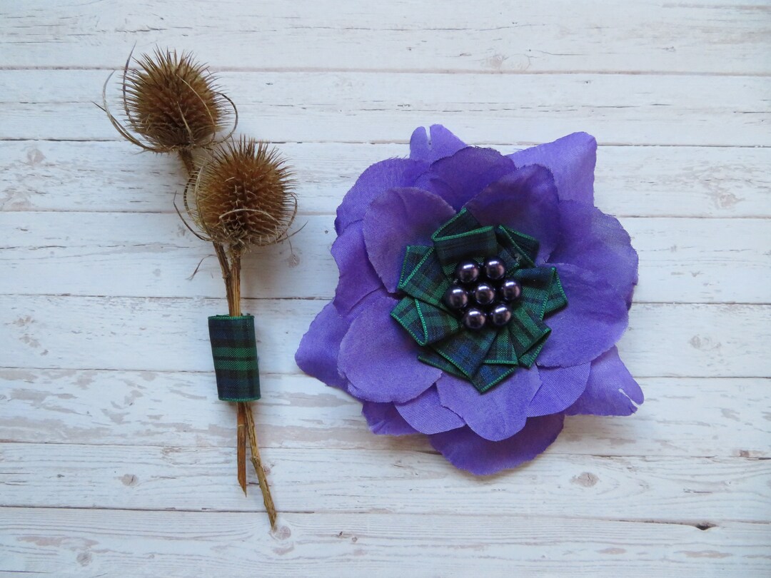 Tartan Flower Brooch - Purple Violet and Black Watch Plaid Rose and ...