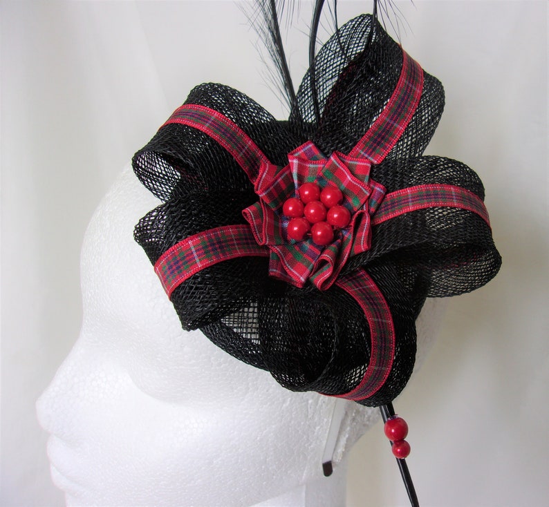 Red Tartan Fascinator - Black Pheasant Curl Feather Ribbon Stripe ...