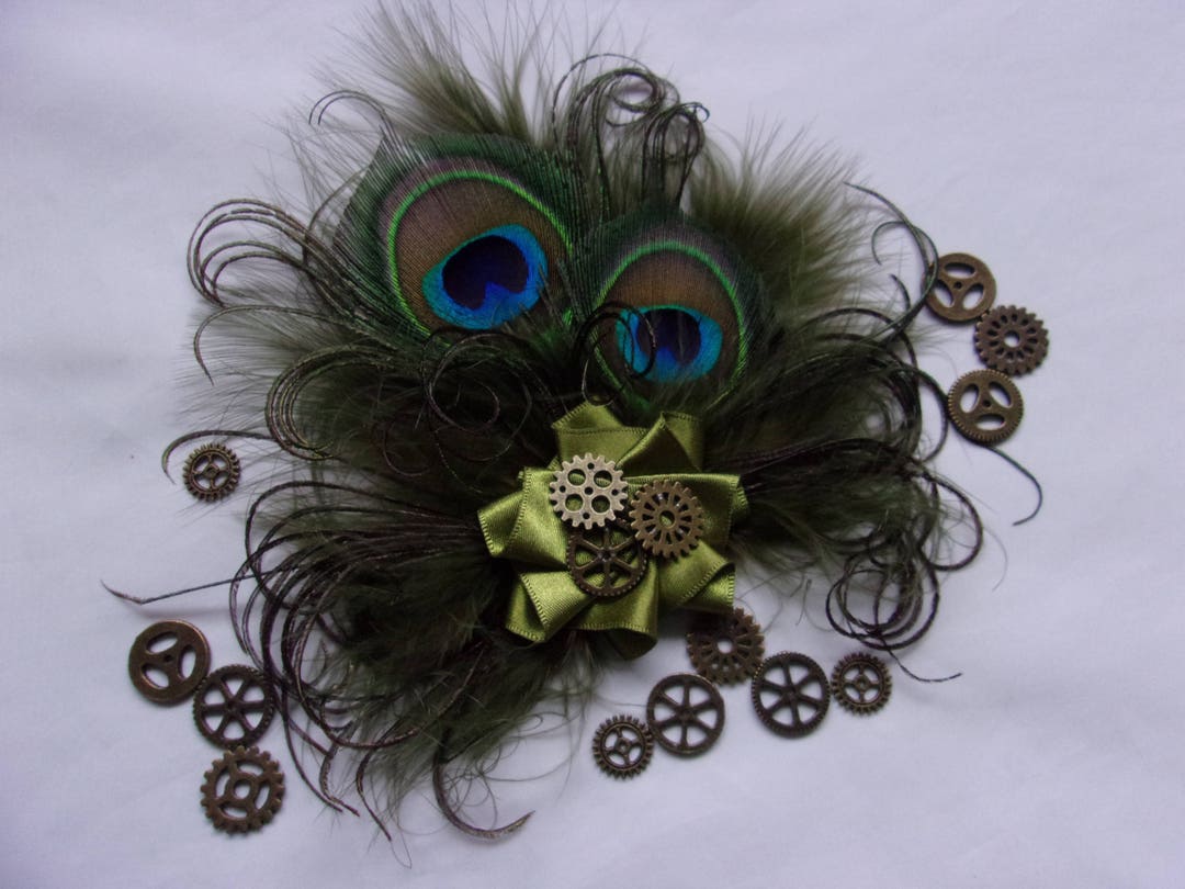 Olive Steampunk Fascinator Khaki Chartreuse Green Peacock Feather ...
