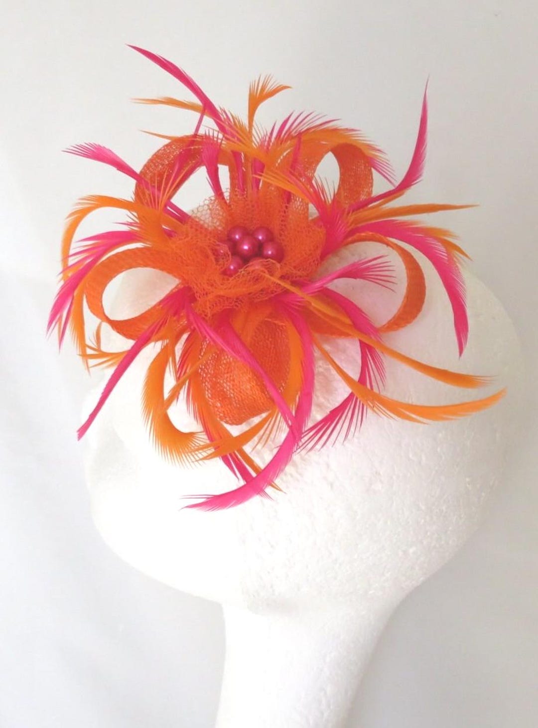 Bright Orange and Cerise Fuchsia Hot Pink Vibrant Sinamay Loop Feather ...