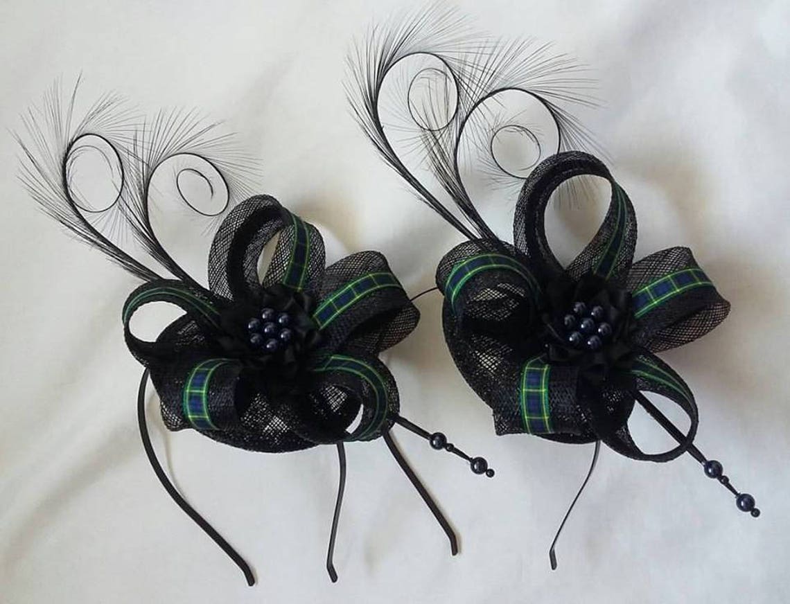 Tartan Fascinator - Black Feather Plaid Sinamay Mini Hat Headpiece ...