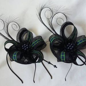 Tartan Fascinator - Black Feather Plaid Sinamay Mini Hat Headpiece ...