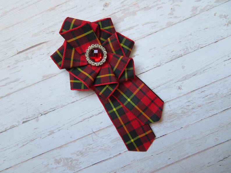 Wallace Red Modern and Black Tartan Ruffle Rosette Mini Brooch Pin ...