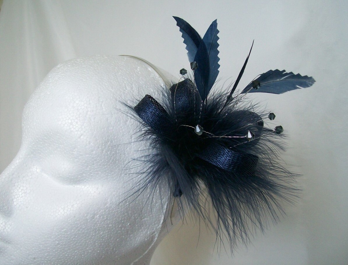 Small Shades of Navy Blue Feather Sinamay Loop & Crystal Pearl | Etsy