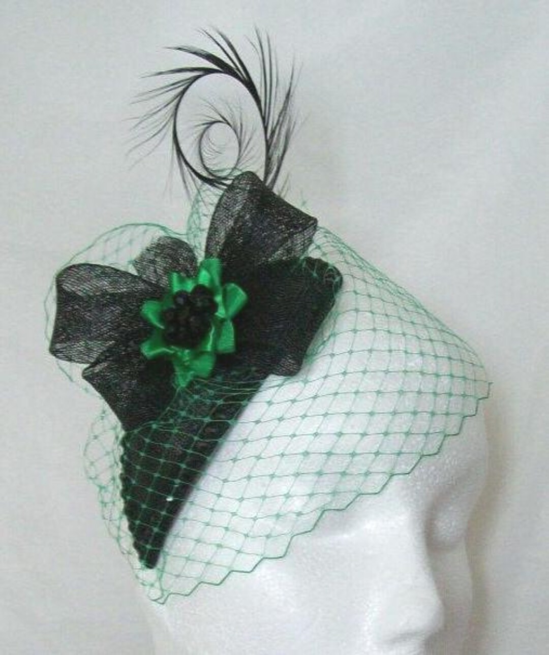 Black and Emerald Jade Green Veiled Crystal Studded Teardrop Fascinator ...