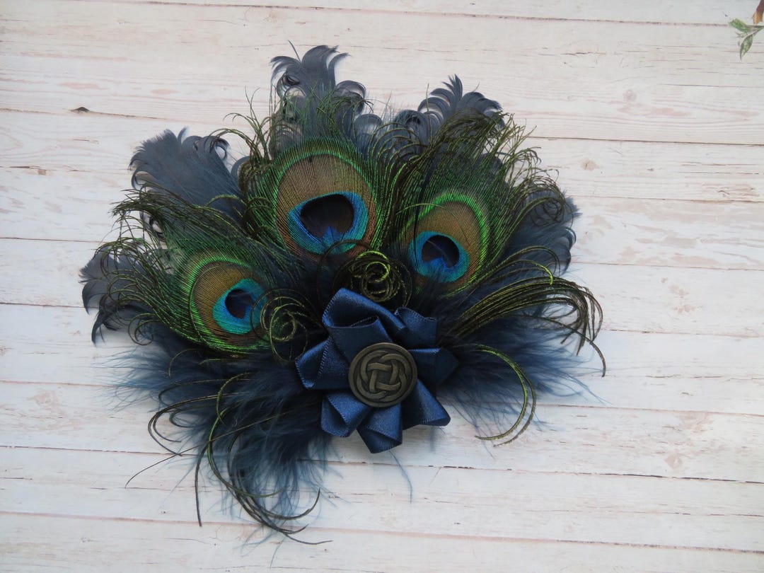 Navy Blue Celtic Clip -peacock Feather and Scottish Brass Button Detail ...