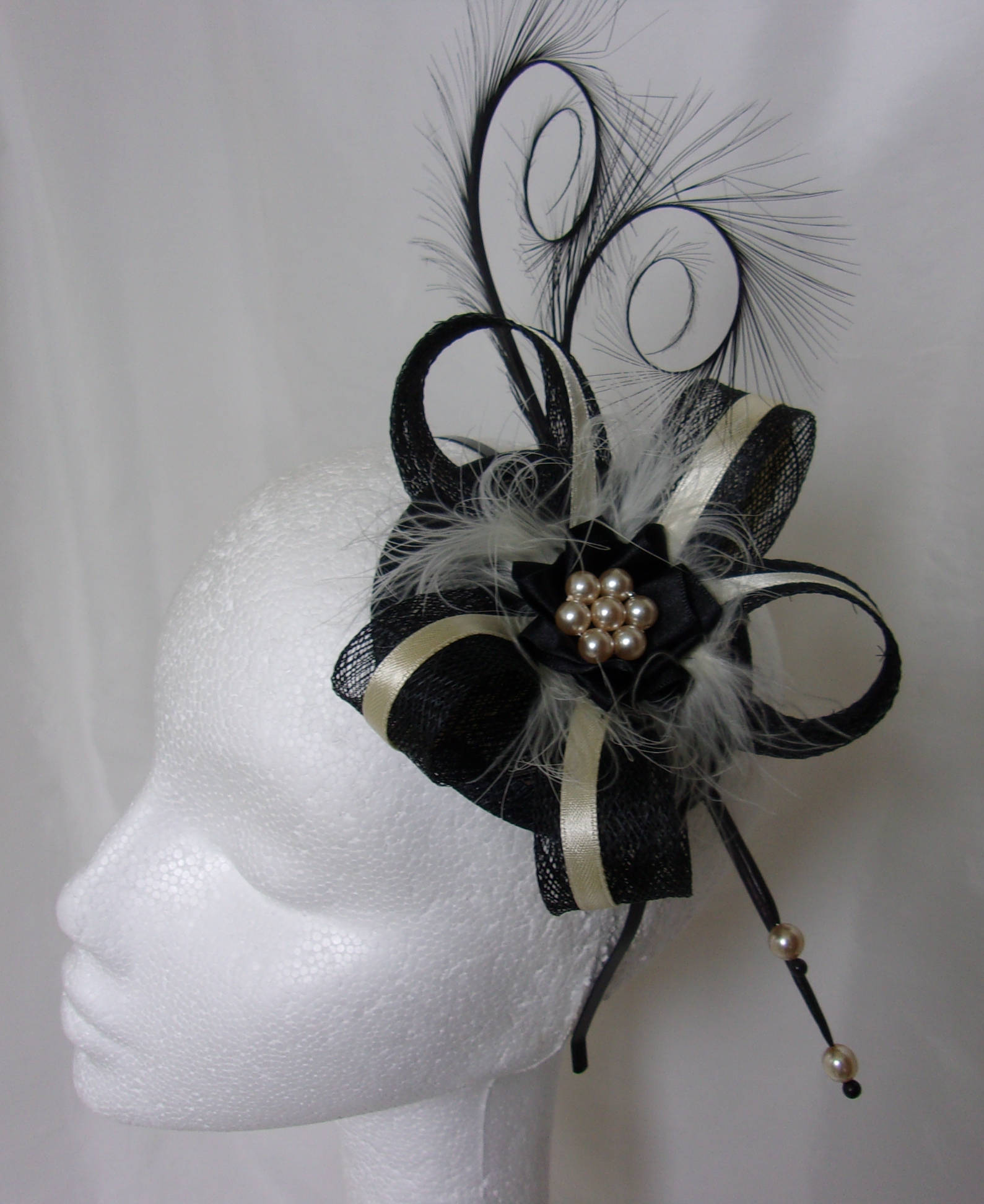 Black & Cream Pheasant Curl Feather Sinamay and Fluff Feathers | Etsy