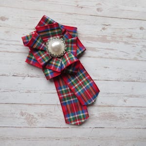 Royal Stewart Red Tartan Ruffle Rosette Pearl & Rhinestone Brooch Pin Scottish Plaid Ribbon ...