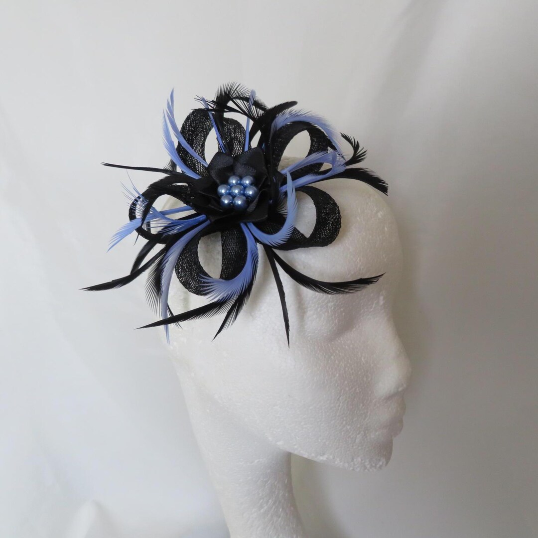Black and Periwinkle Sky Blue Sinamay Loop Feather Pearl Clip ...