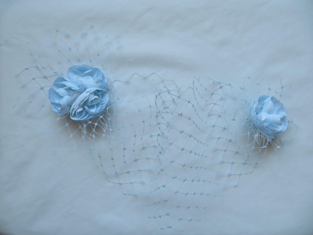 Pale Ice Baby Blue Narrow Rare Merry Widow Bandeau Eye Veil With Flower ...