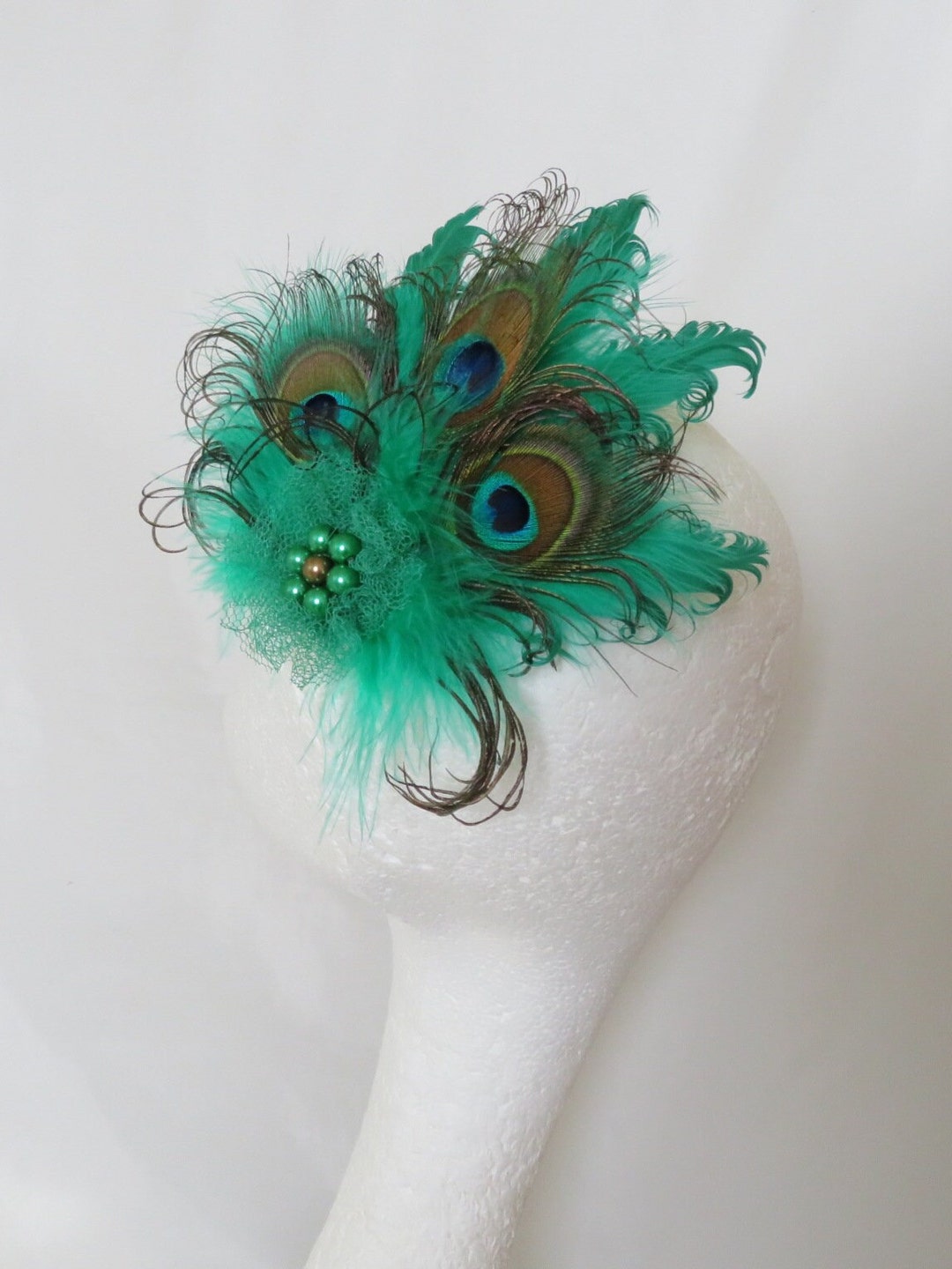 Emerald Green Vintage Style Peacock Feather Hair Clip Fascinator Pearl ...