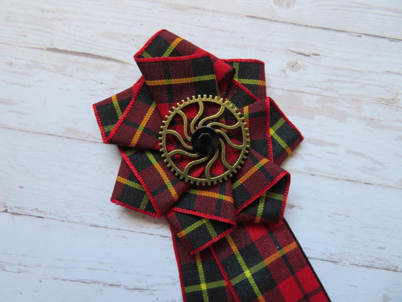 Wallace Red Modern and Black Tartan Ruffle Rosette Mini Brooch Pin ...