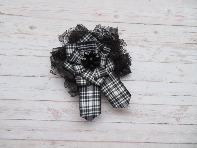 Black & White Menzies Tartan Lace Shabby Chic Brooch Crystal Corsage ...