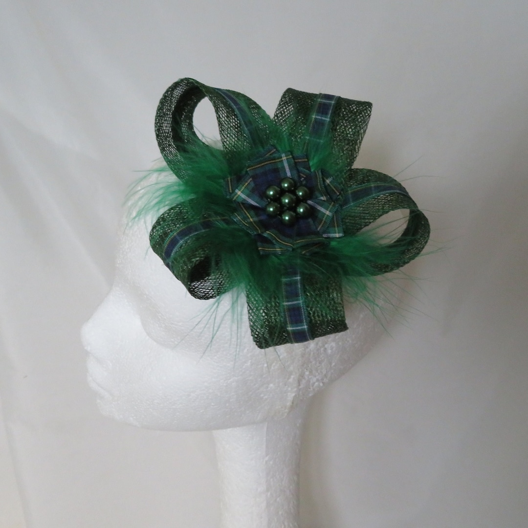 Dark Green Fascinator Sinamay Tartan Plaid Mini Hair Clip Headpiece ...