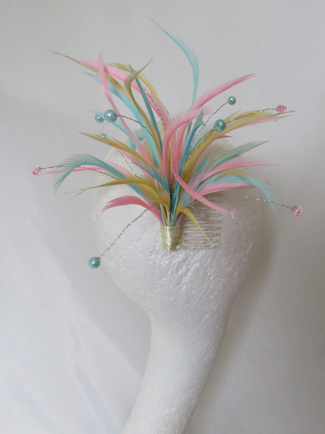 Rainbow Pastel Lemon Yellow Pale Pink Aqua Blue Tonal Ombre Feather Bow ...