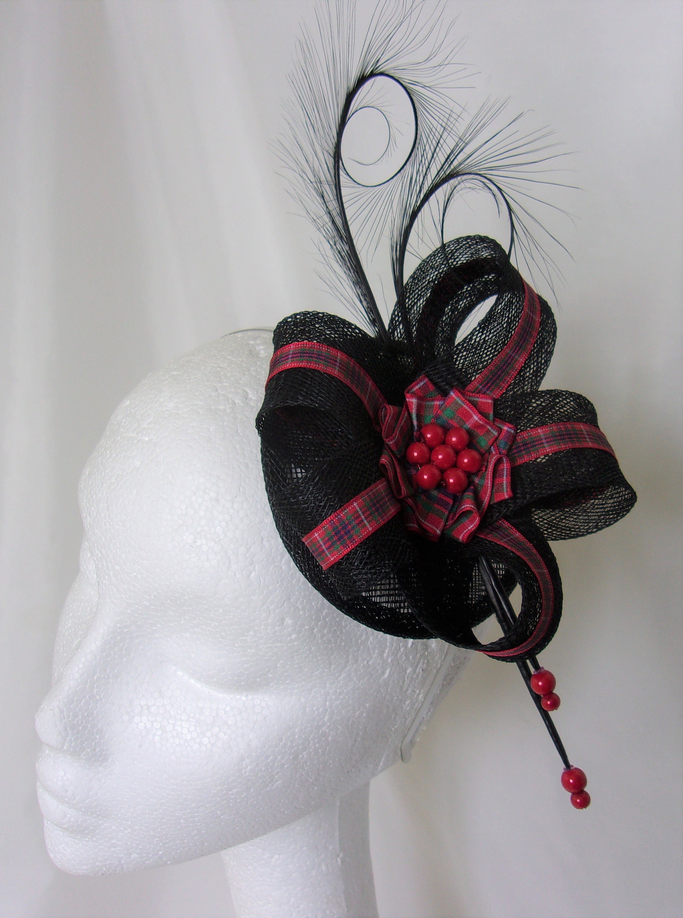Red Tartan Fascinator - Black Pheasant Curl Feather Ribbon Stripe ...
