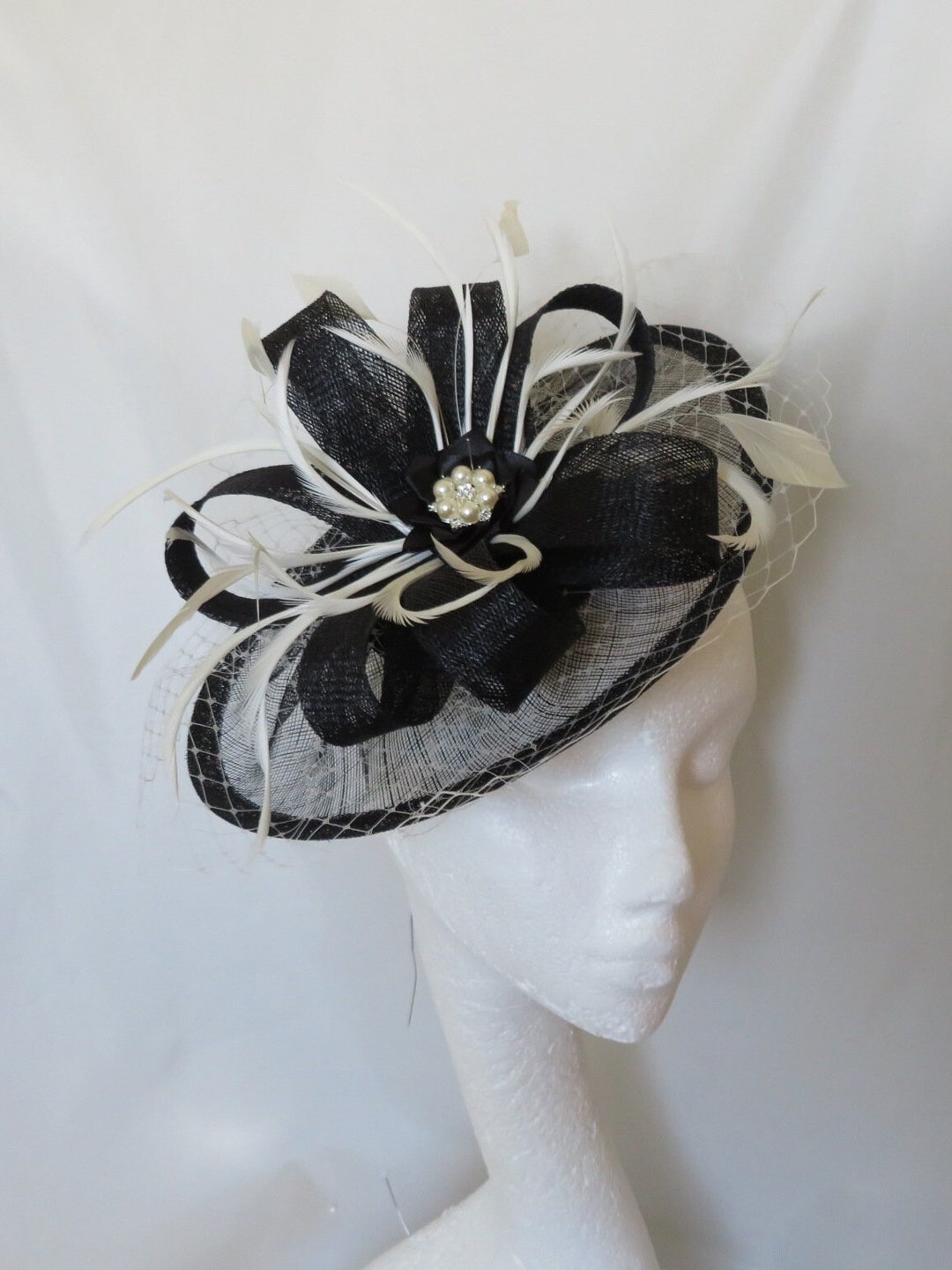 Black & Ivory Statement Hat With Vintage Veiling Sinamay Loop and ...
