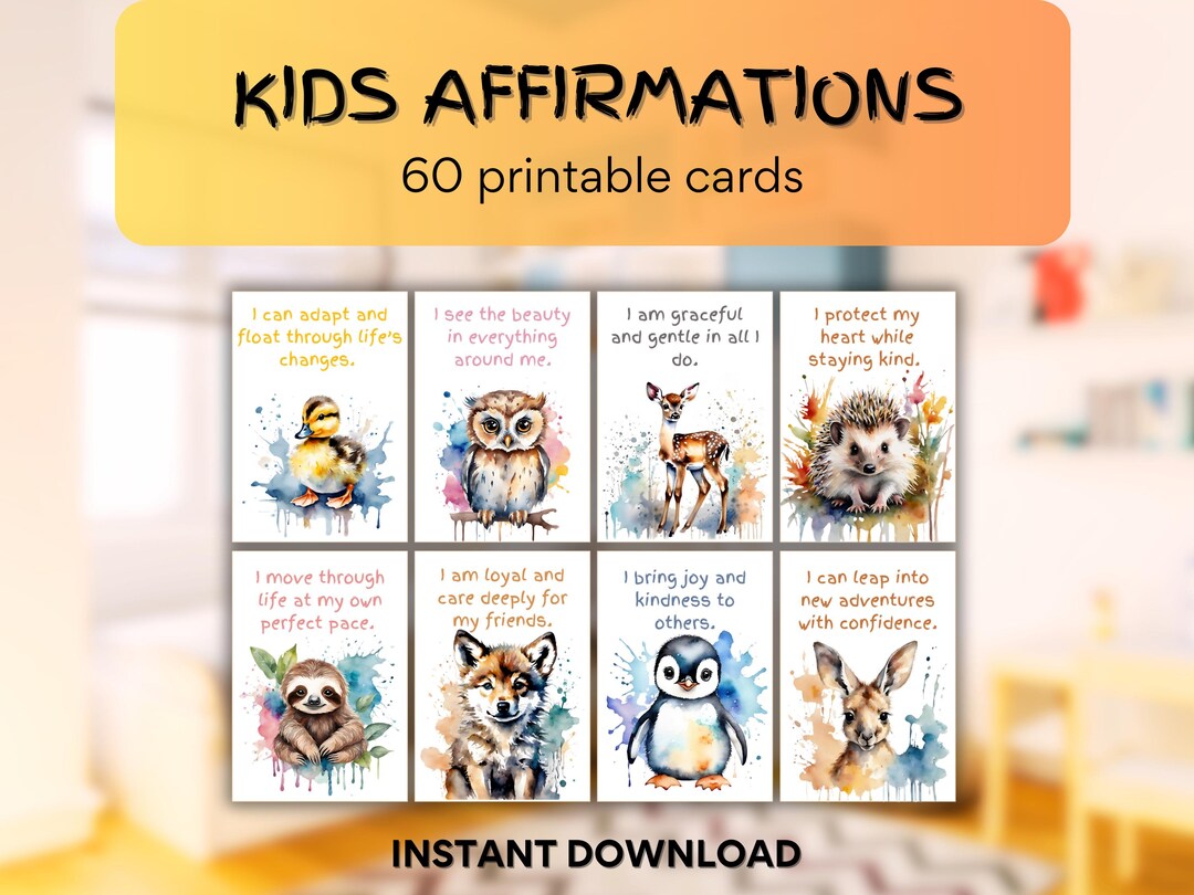 Kids Affirmation Cards: Positive Mindset, Watercolor Animals (PDF ...