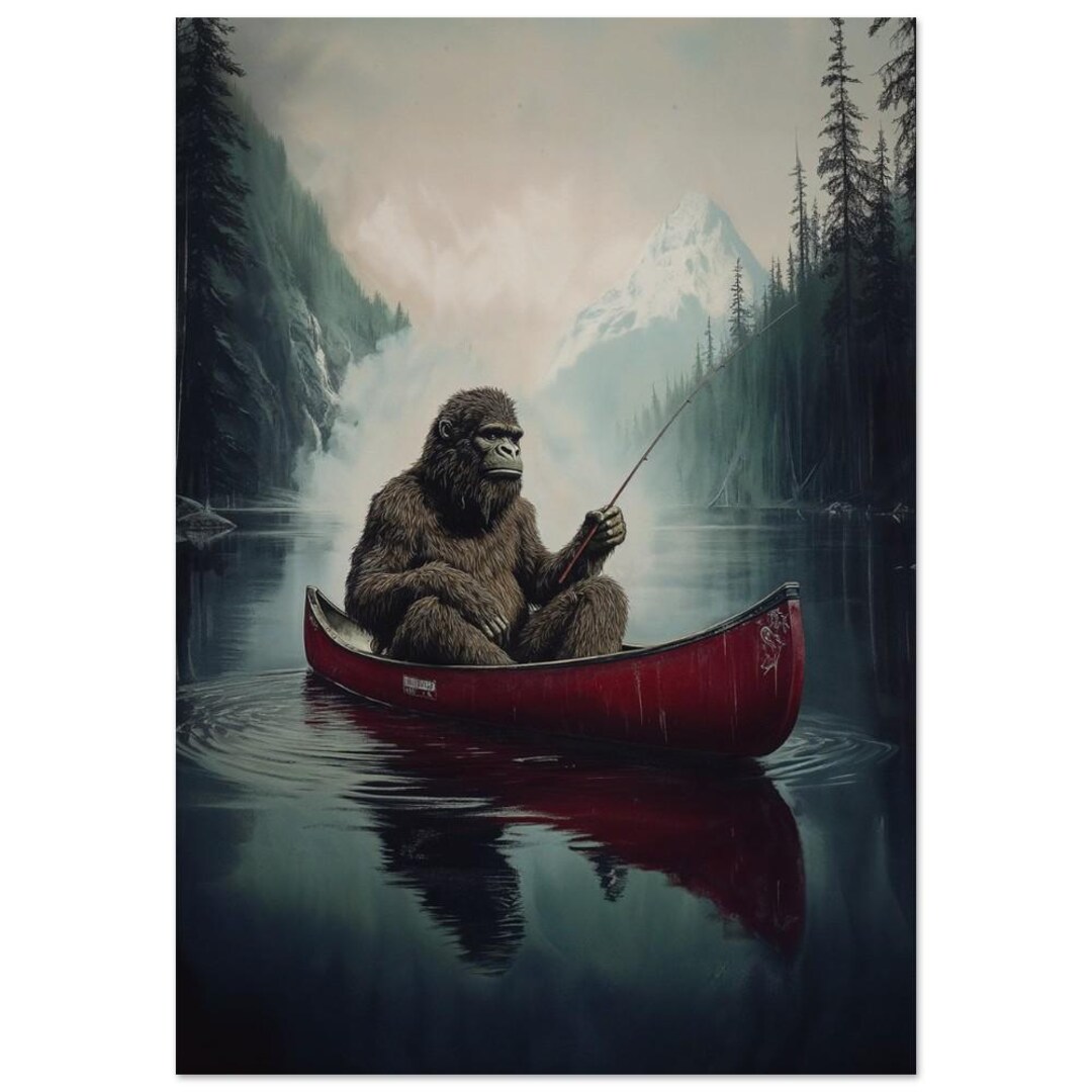 Bigfoot in a Red Canoe Fishing on a Lake, Airbrush Art, Whimsical Wall ...