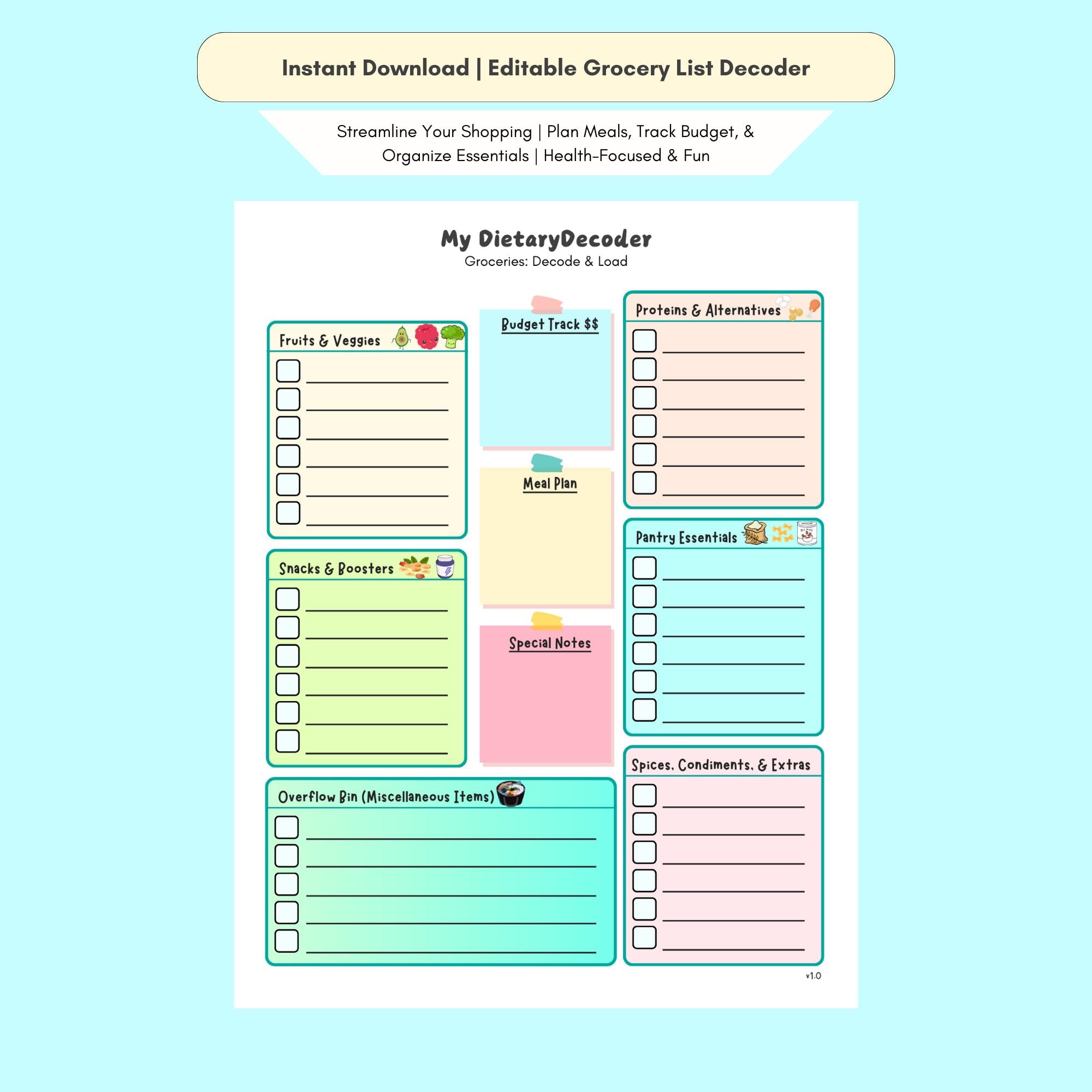 Meal Planner & Grocery List | Digital Download | Printable and Fillable ...