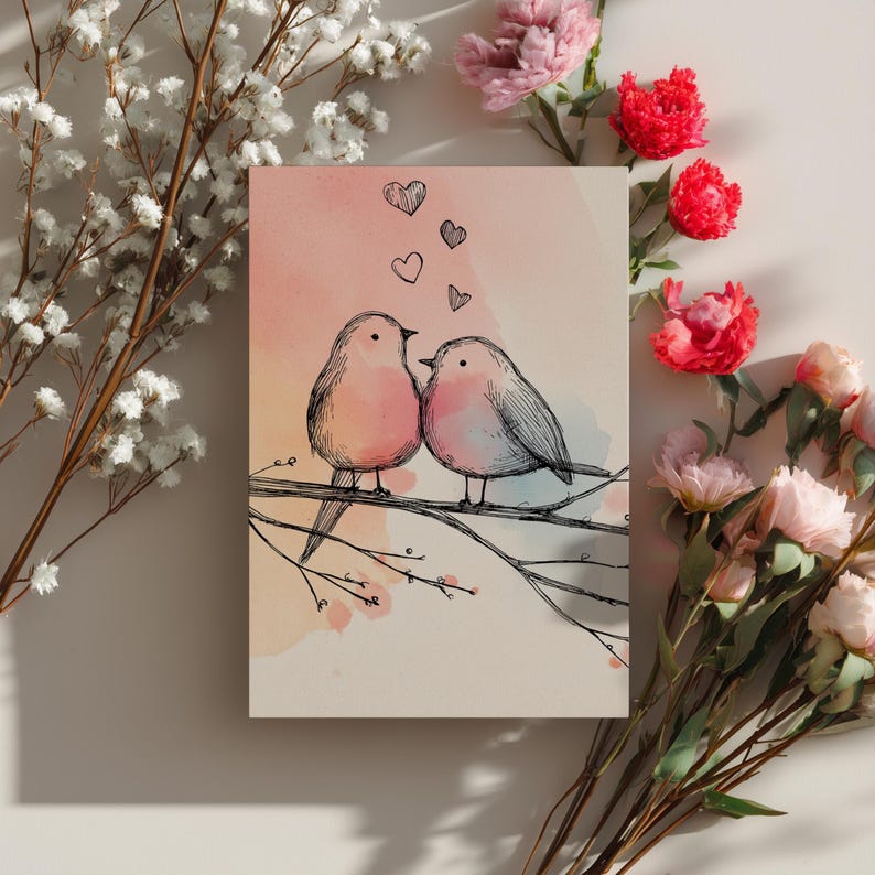 Printable Card Watercolor Love Birds: Digital Greeting for Anniversary ...
