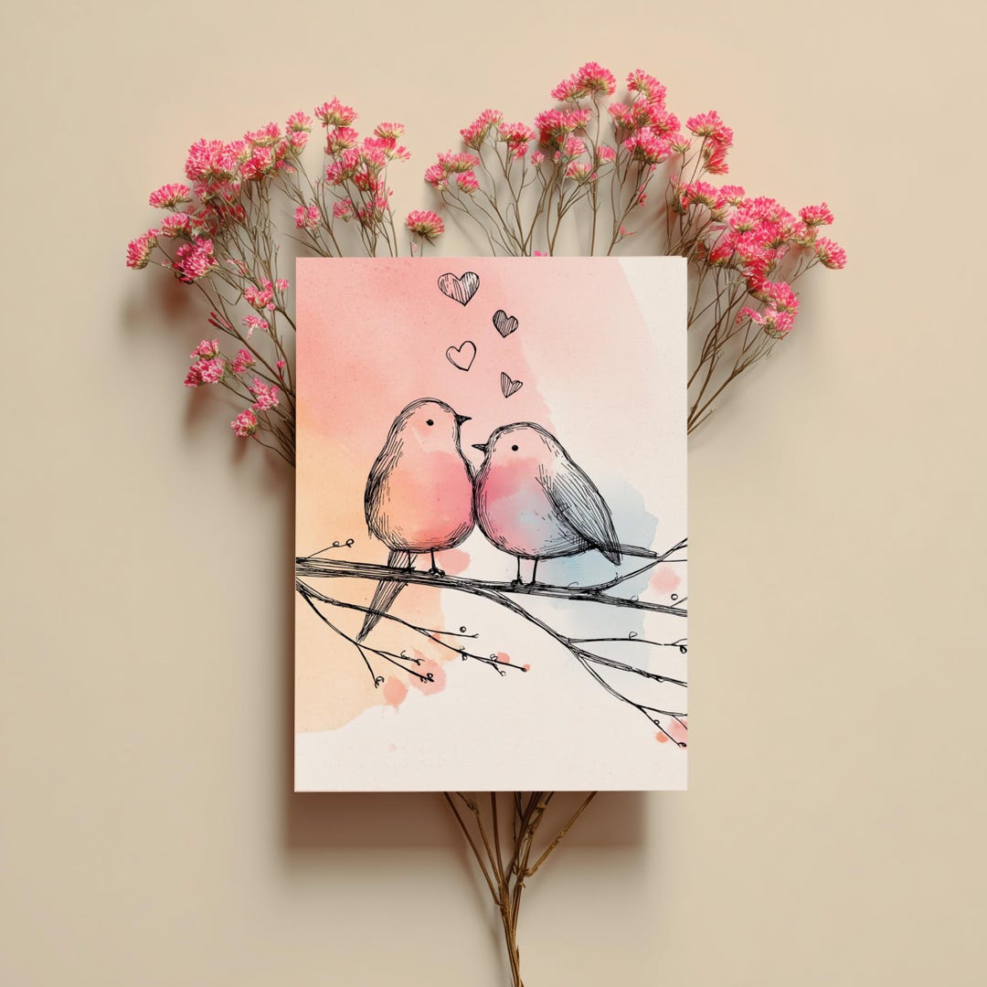 Printable Card Watercolor Love Birds: Digital Greeting for Anniversary ...