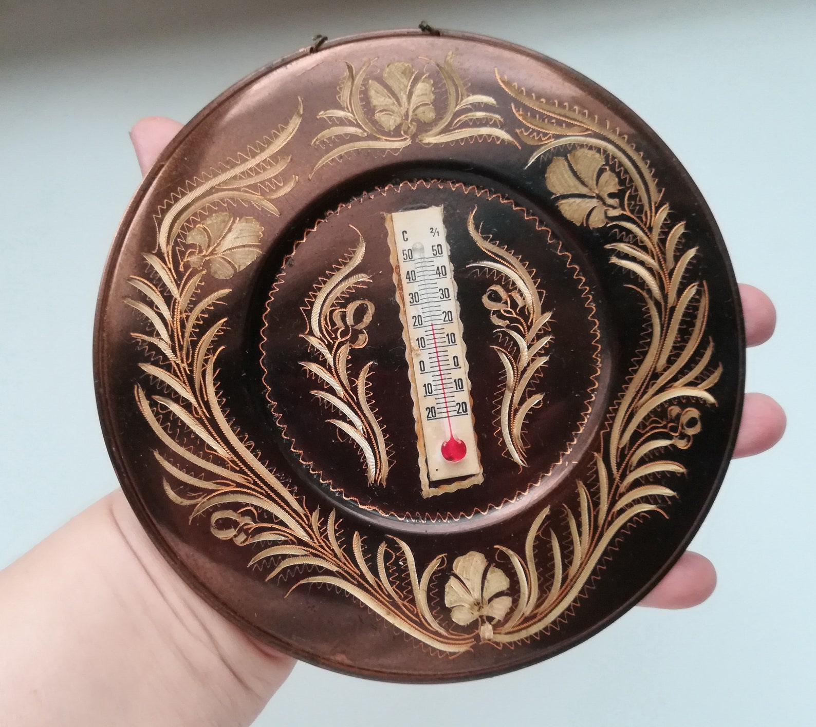 Vintage Wall Thermometer Hand Engraved Copper Decorative Weather ...