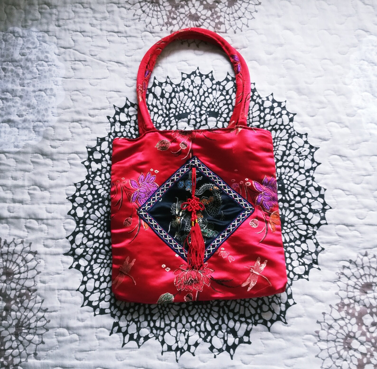 Red Chinese Small Handbag Vintage 90's Red&black Dragon Design Satin ...