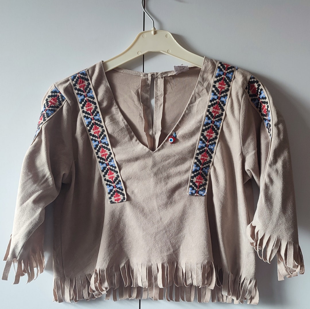 Vintage Indian Top, Native American Style Aztec Pattern Fringed Suede ...