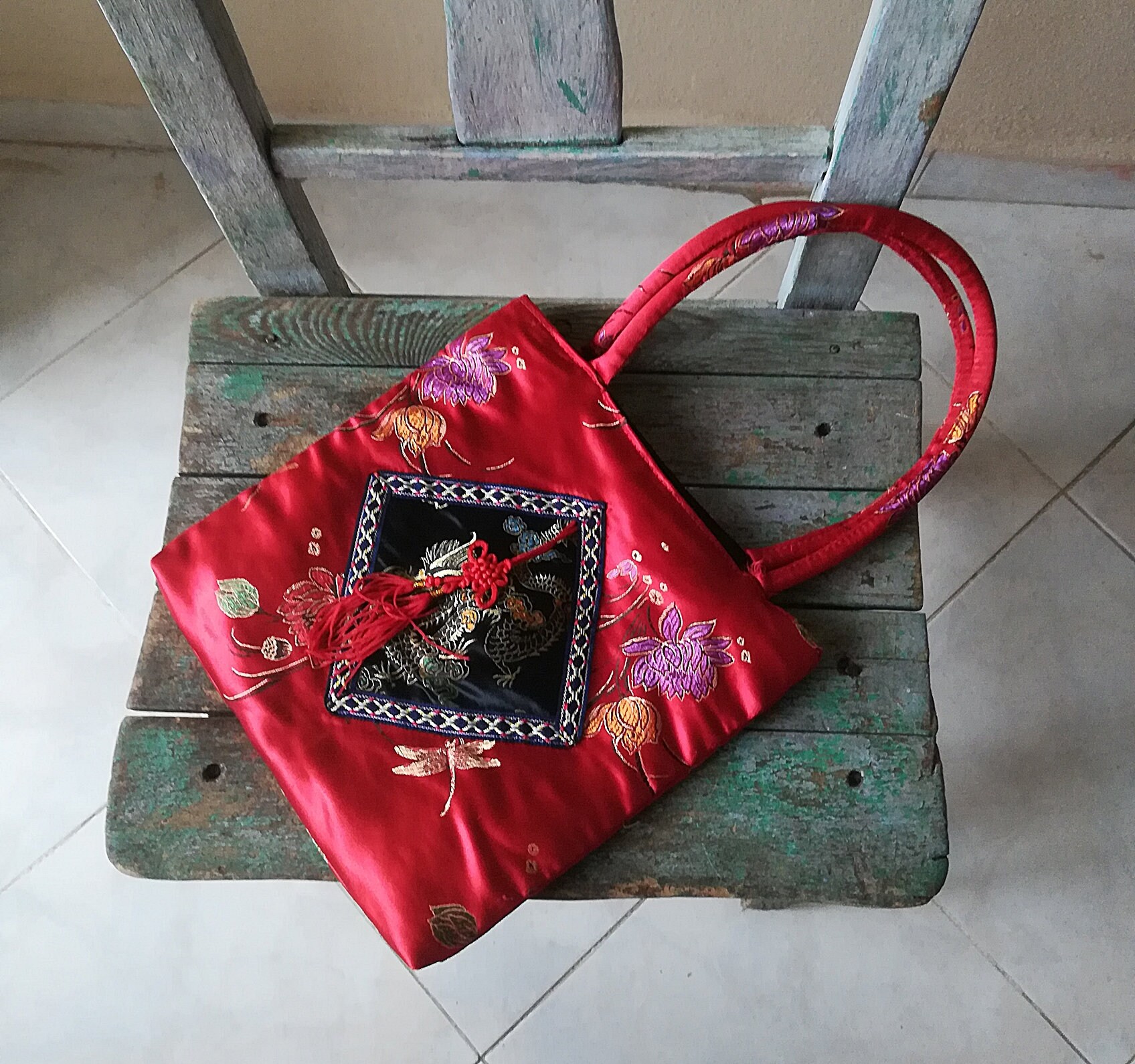 Red Chinese Small Handbag Vintage 90's Red&black Dragon Design Satin ...