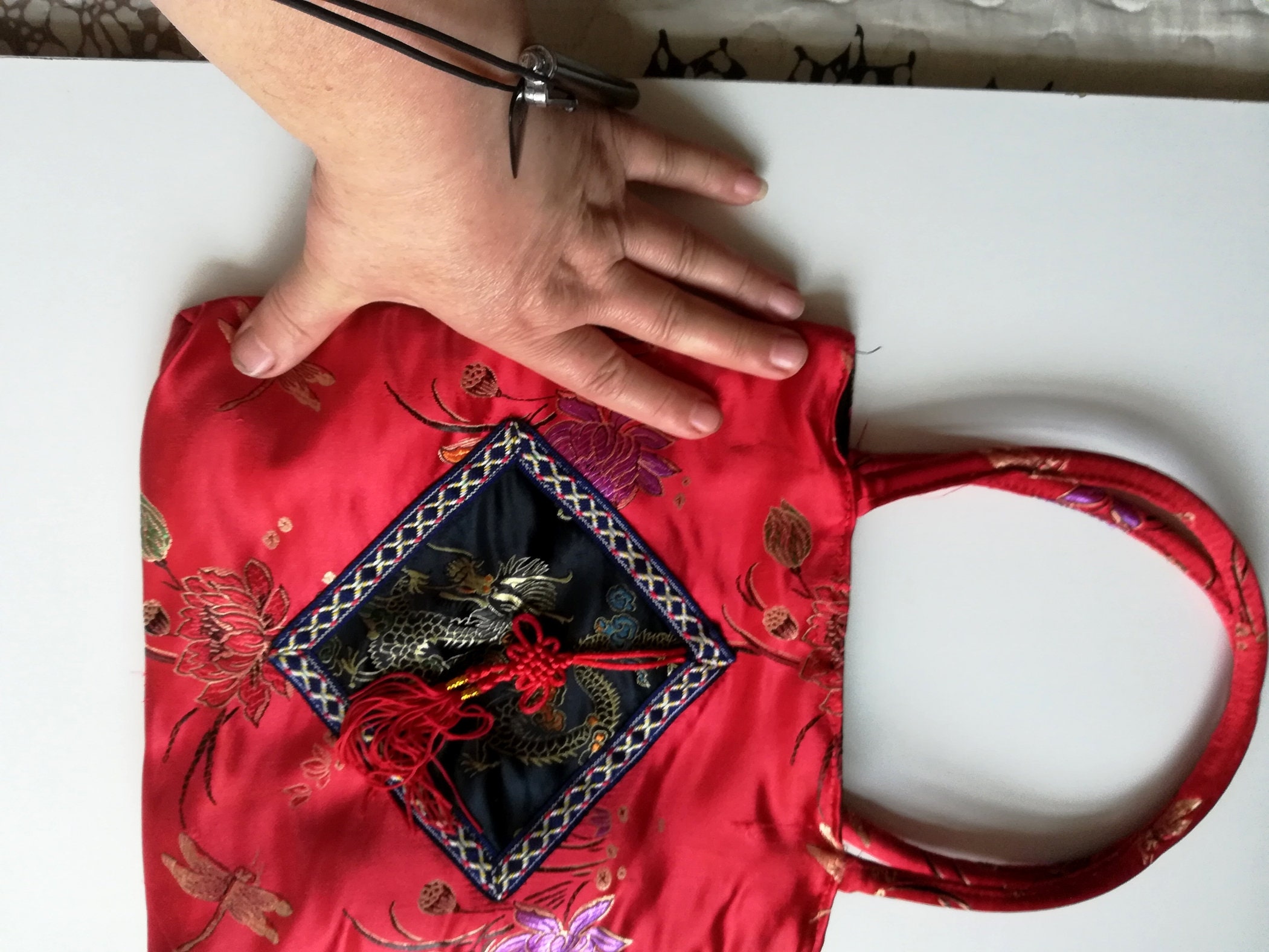 Red Chinese Small Handbag Vintage 90's Red&black Dragon Design Satin ...