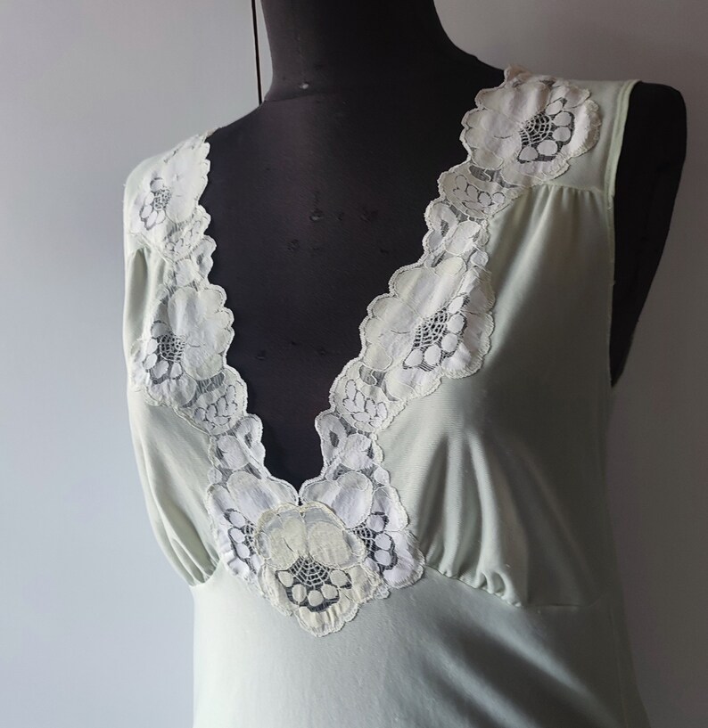 Vintage Long Nightgown, Light Green Nylon Night Gown Sleeveless Deep V ...