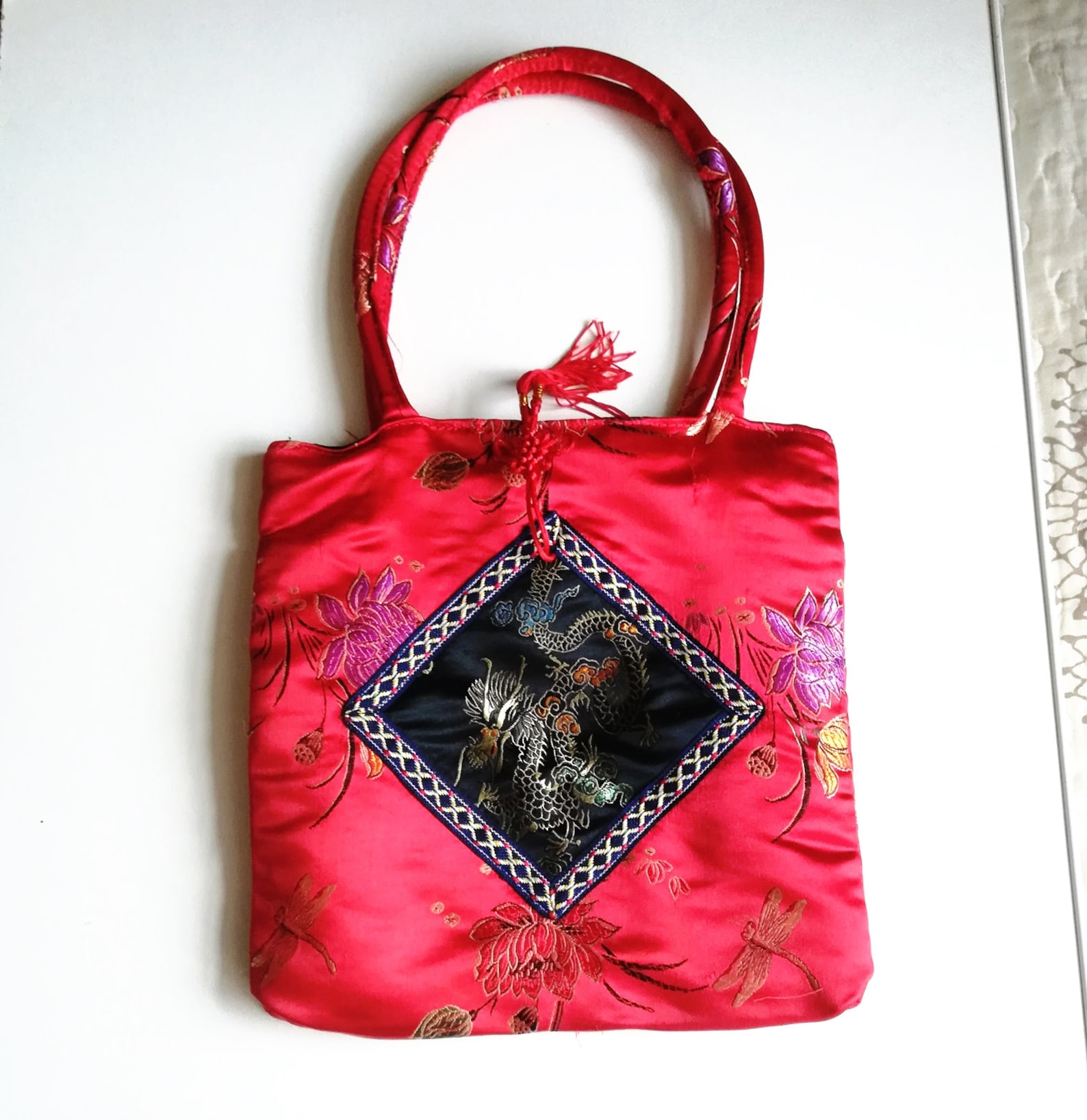 Red Chinese Small Handbag Vintage 90's Red&black Dragon Design Satin ...
