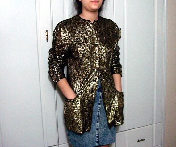 Vintage sparkle Blazer, Black Gold Jacket 80s Metall… - Gem
