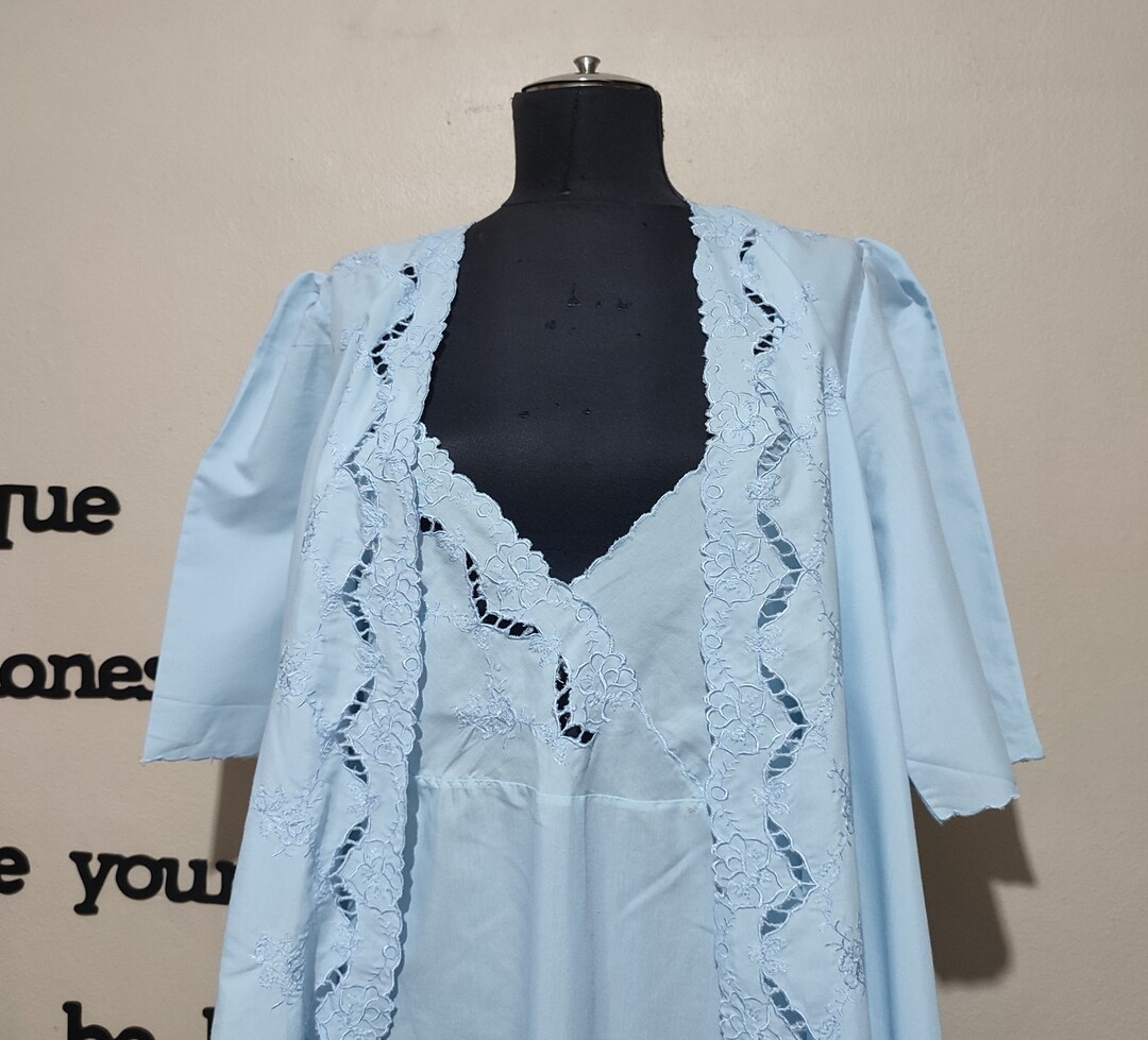 Vintage Nightgown Set Pale Blue Long Nightgown Robe Set Cutwork ...