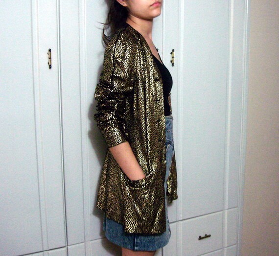Vintage sparkle Blazer, Black Gold Jacket 80s Metall… - Gem