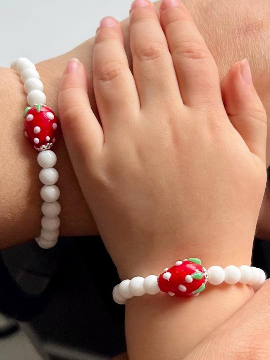 Mom & Me Strawberry Bracelets • Snow White Jade • Handmade Lamp Work ...