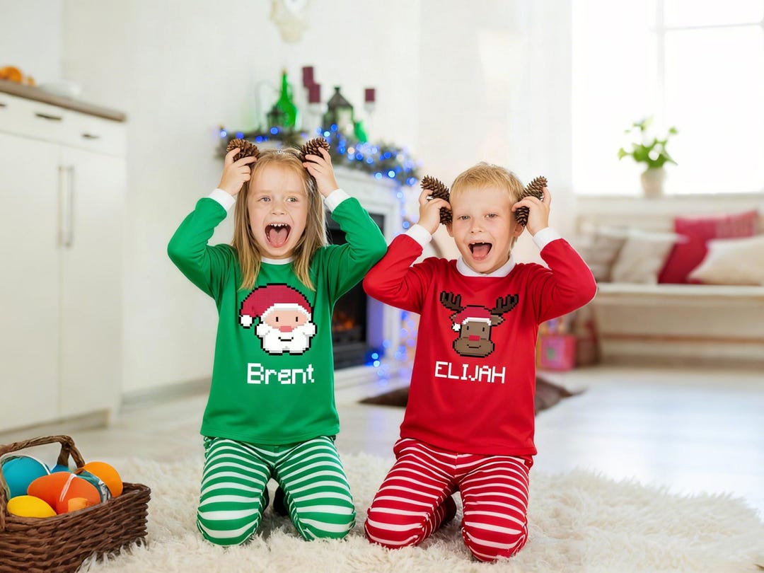 Custom Family Matching Pajamas,monogram Pajamas,pixel Christmas Pajamas ...