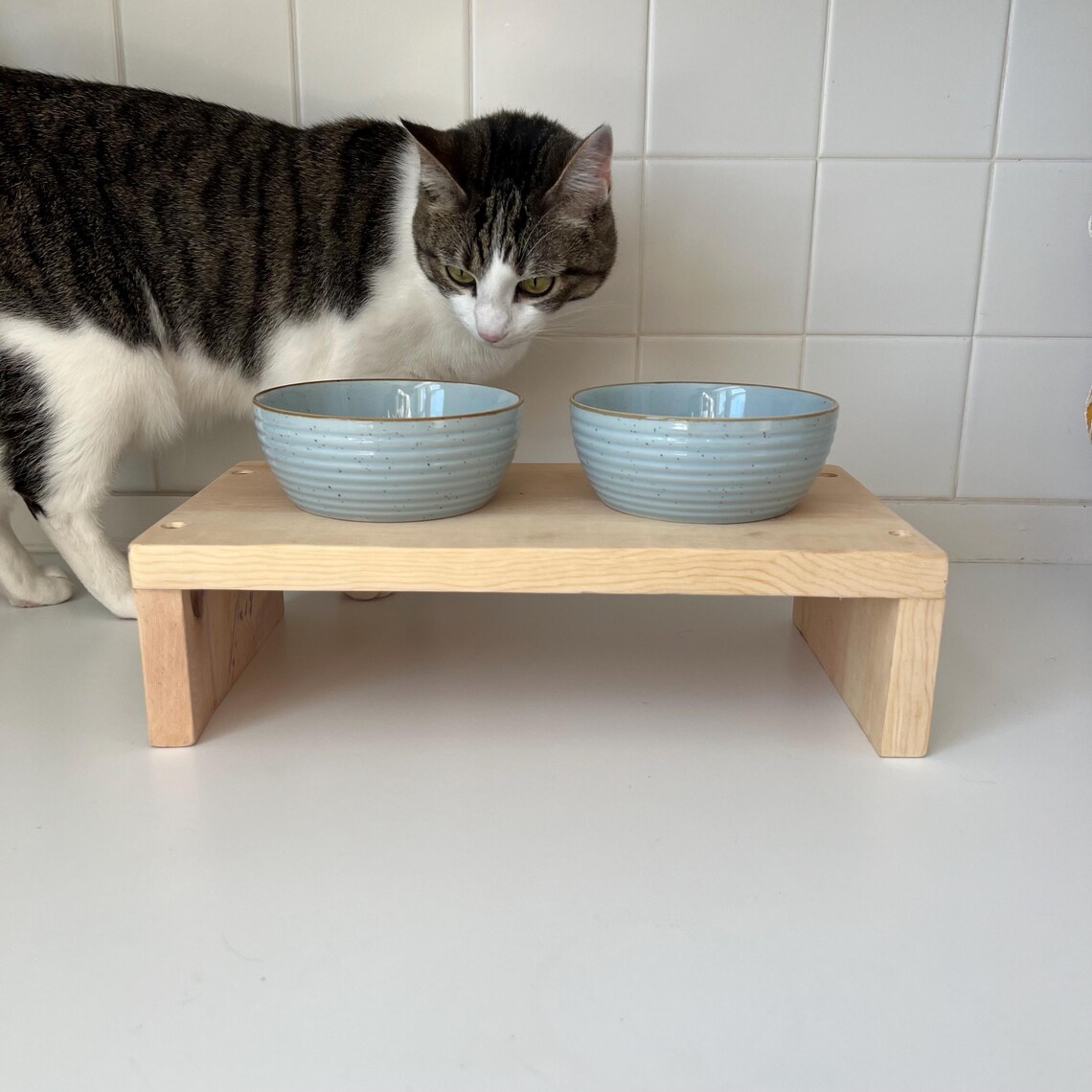 Cat Feeding Station | Elevated Cat Food Tray | Rustic Raised Cat Bowl ...