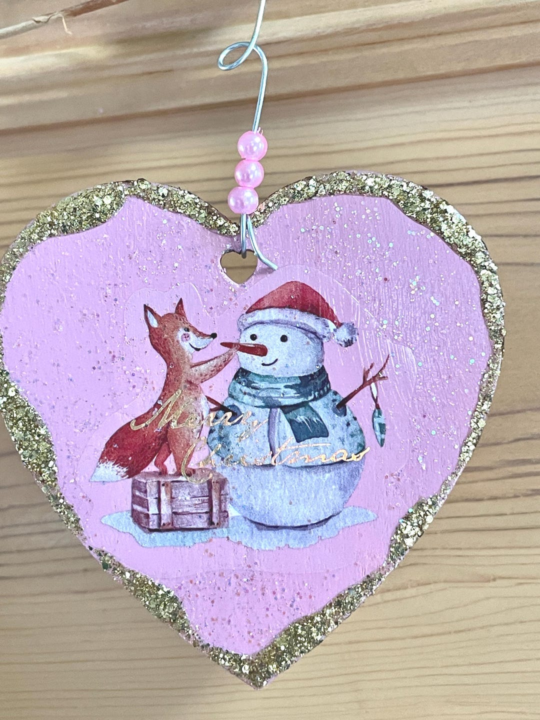 Shabby Chic Snowman & Fox Christmas Ornament, Pink Glitter Wood Heart ...