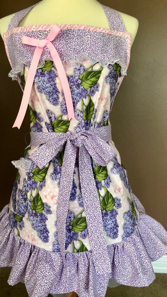 Pink Lavender Purple Lilacs Ruffle Full Vintage Style Apron | Etsy