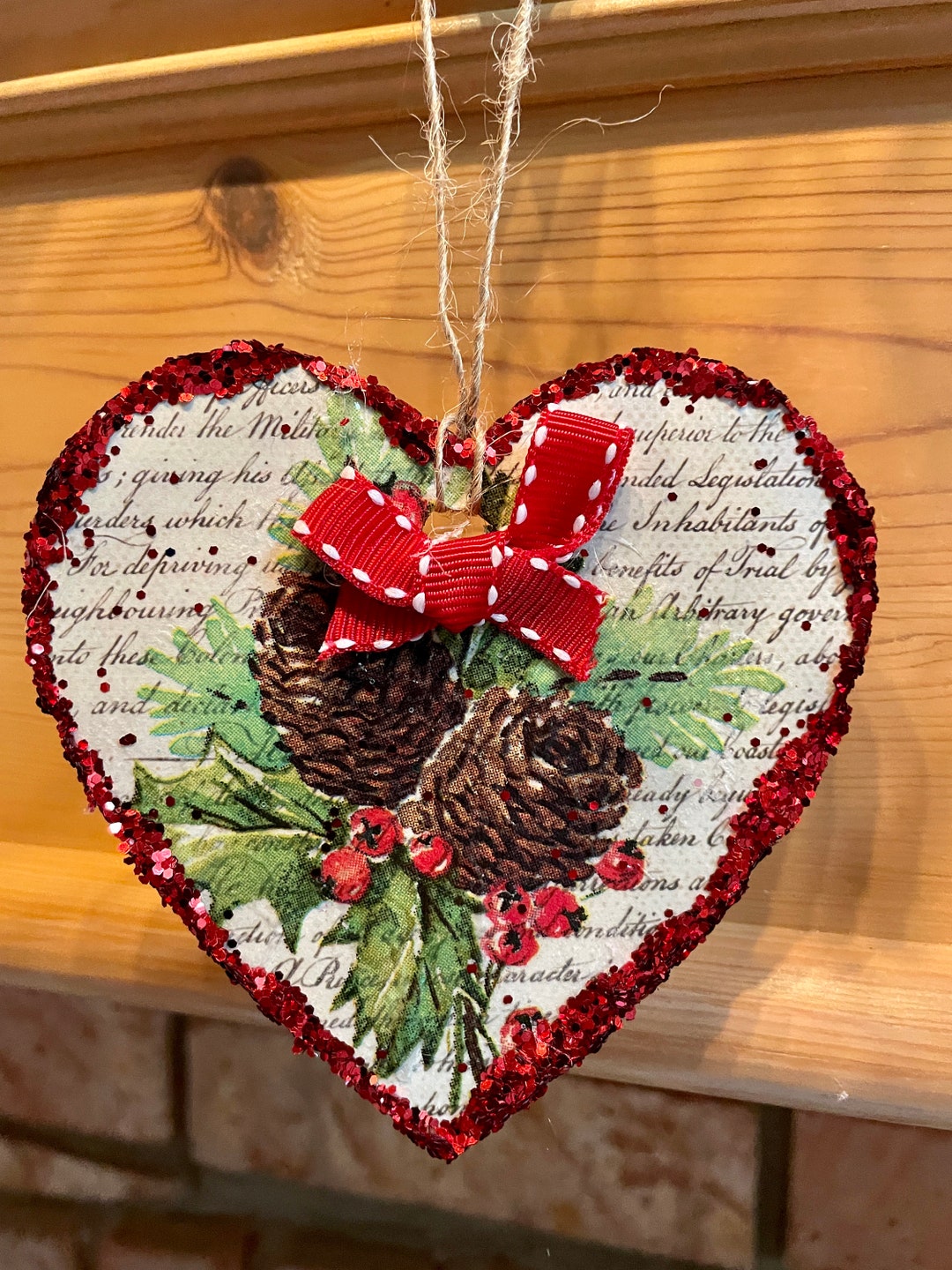 Vintage Red Pine Cones Holly Script Image Decoupaged Ephemera Glitter ...