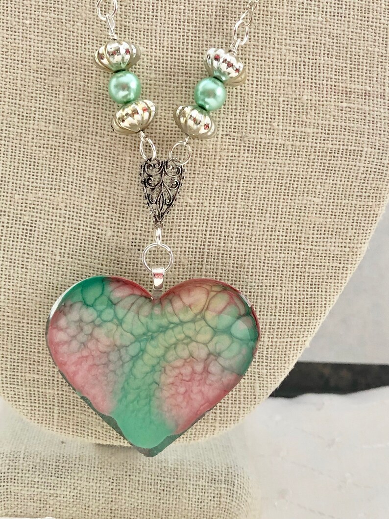 Mint Green Mauve Pink Marbled Resin Heart Silver Chain | Etsy