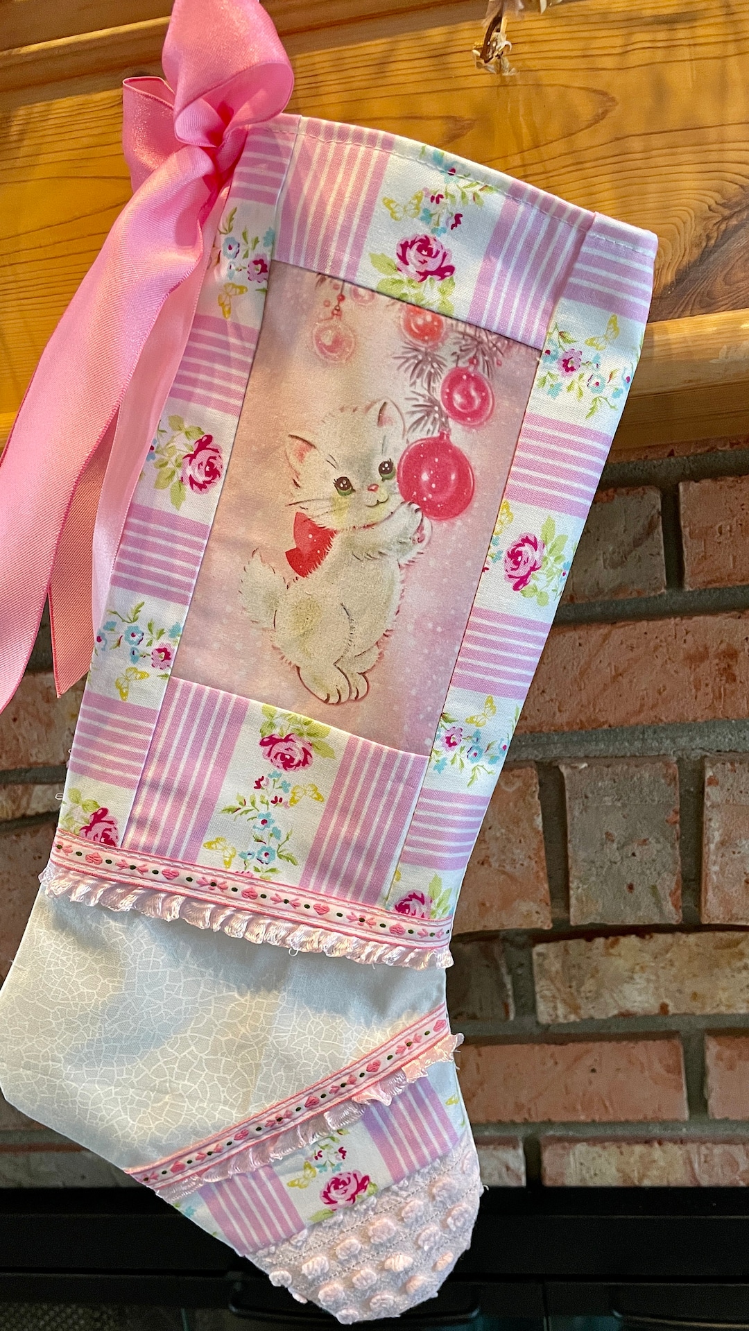 Pink Christmas Stocking Kitten Cat Picture Image Shabby Chic Handmade ...