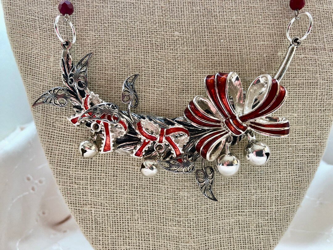 Vintage Christmas Red Bows Jingle Bells Upcycled Antique Altered ...