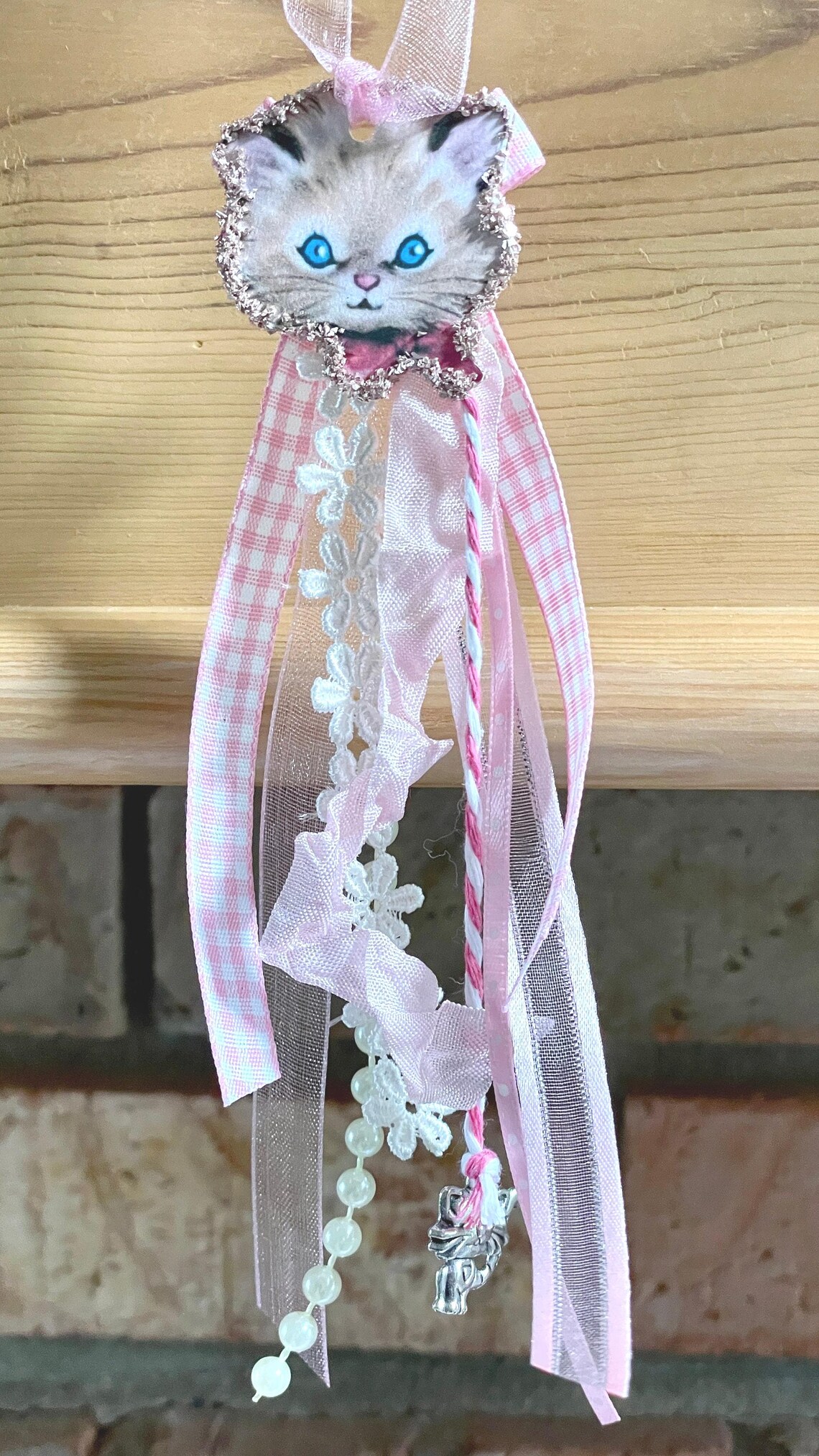 Kitten Cat Ornament Pink Ribbons Silver Charm Doodaba - Etsy