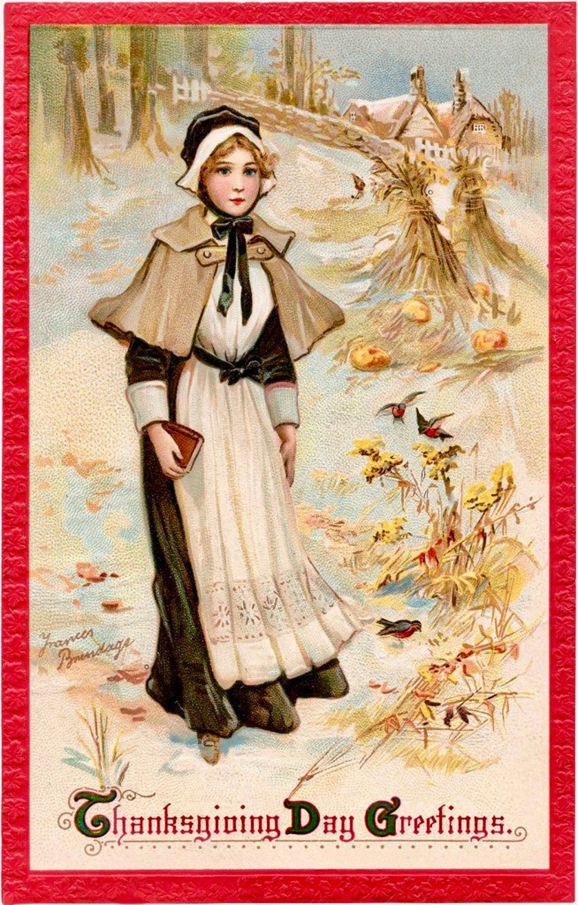 Vintage Thanksgiving Woman Pilgrim Graphic Image Art Fabric - Etsy