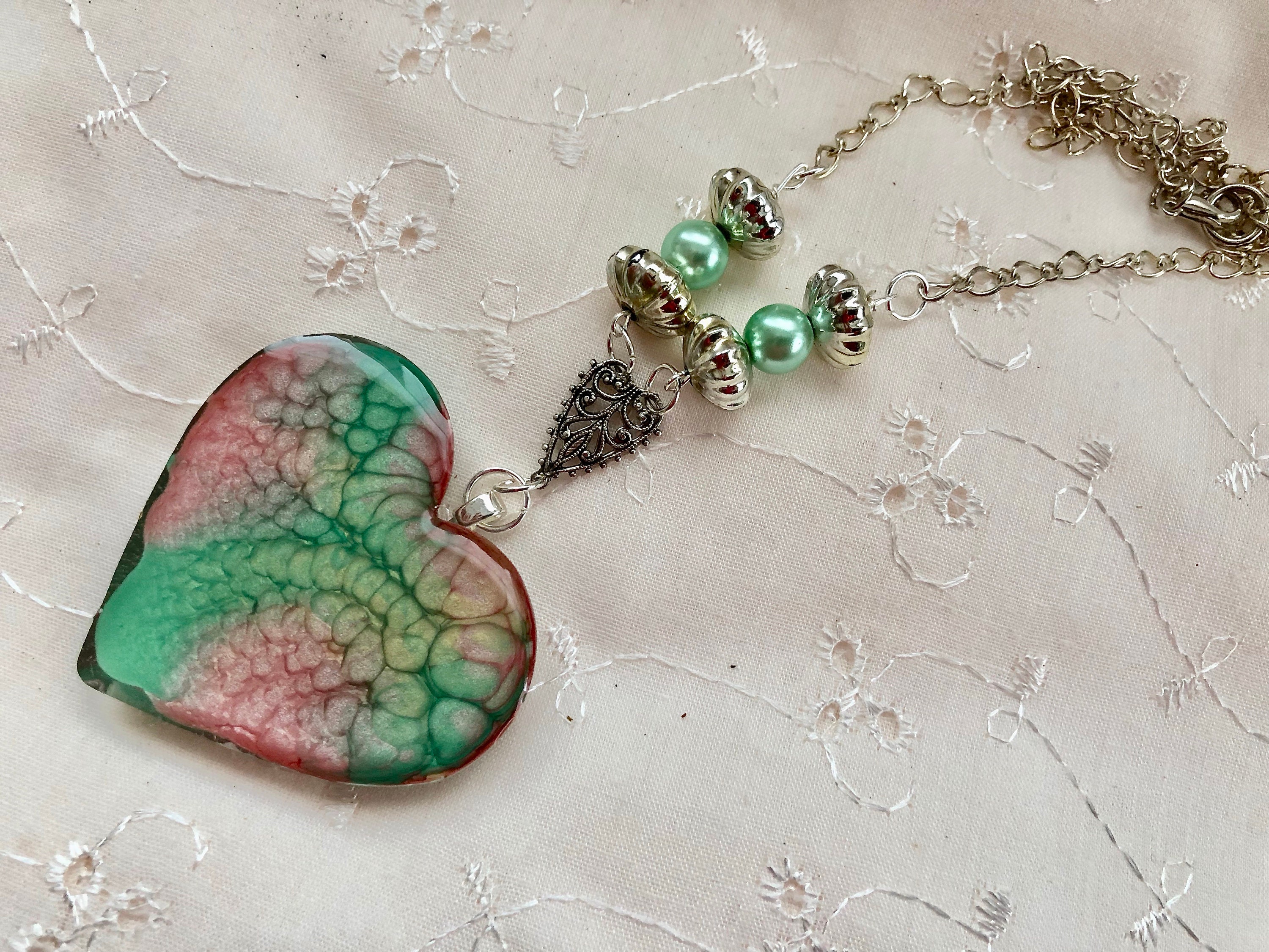 Mint Green Mauve Pink Marbled Resin Heart Silver Chain | Etsy