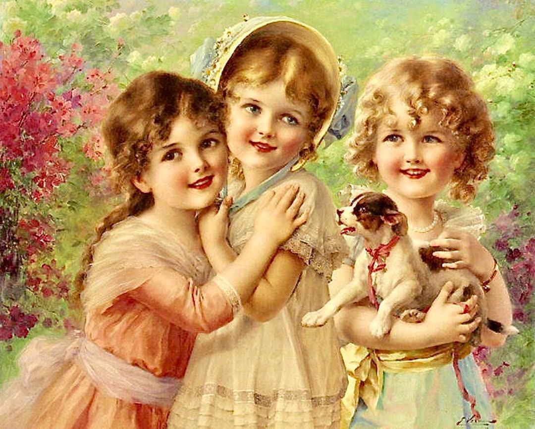 Vintage Emile Vernon Girls Dog Puppy Graphic Image Art Fabric Block ...